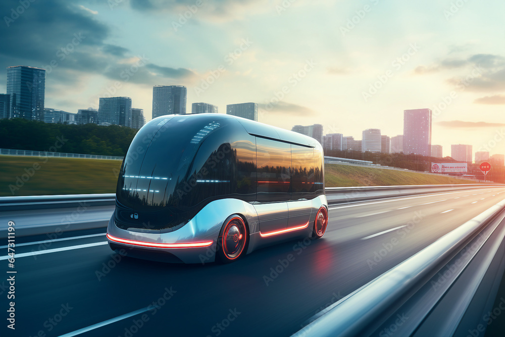 Picture of futuristic fast self-driving modern car on evening city ...
