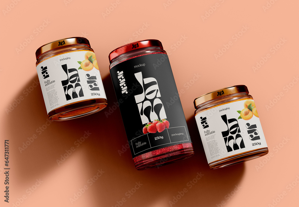 Top View of Cylindrical Jam Jars Mockup Stock Template | Adobe Stock