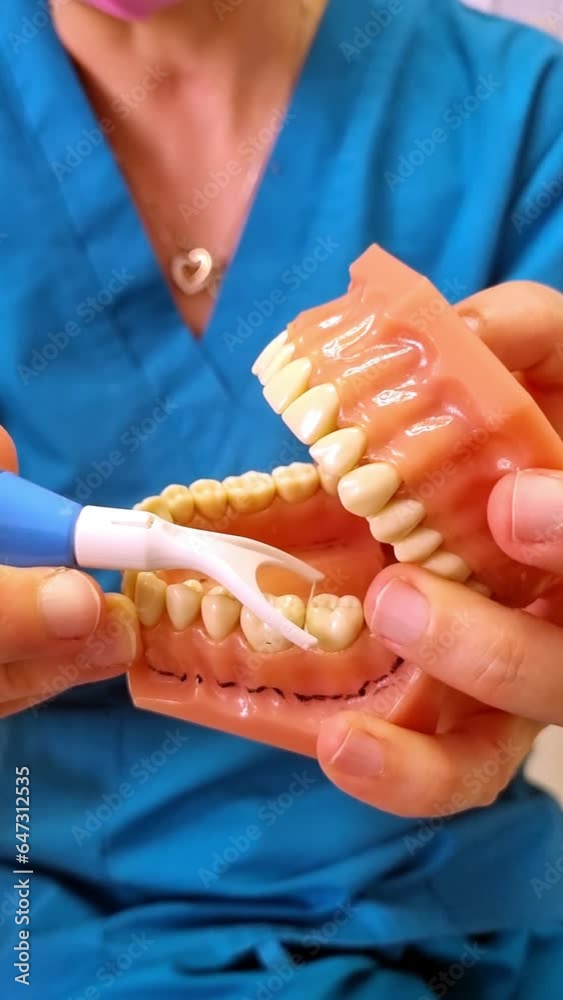 Dentist using dental floss to clean mouth of model. Dental hygiene ...