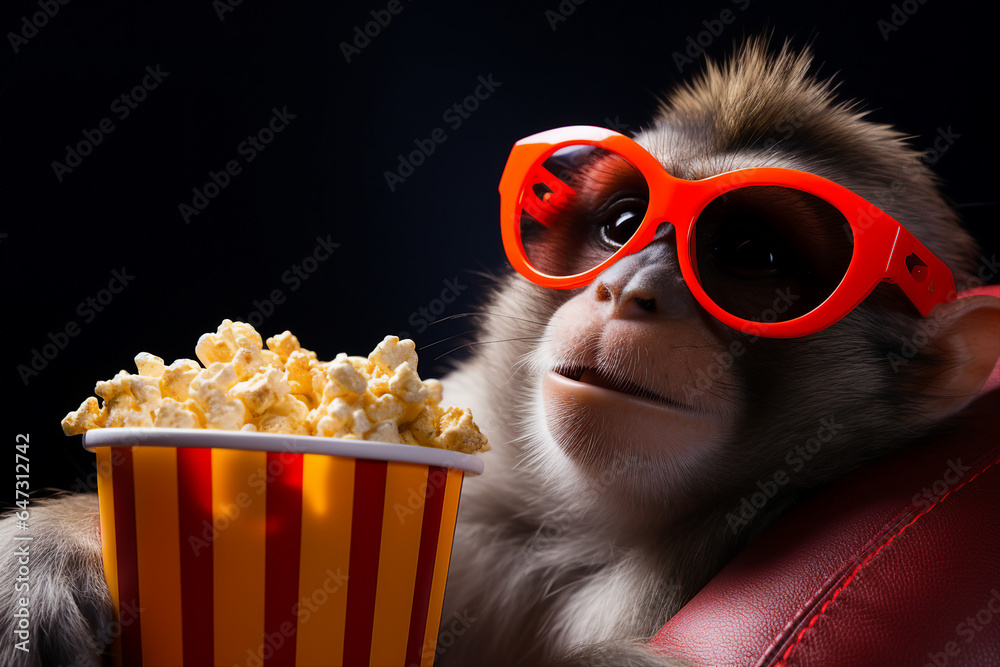 Funny little monkey watching movie at cinema wearing 3D goggles eating ...