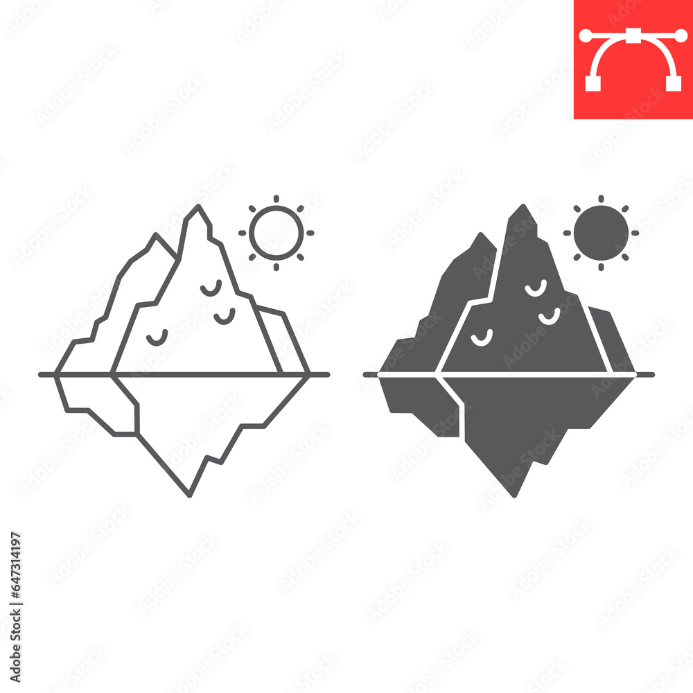 Iceberg melting line and glyph icon, climate change and ecology, ice ...
