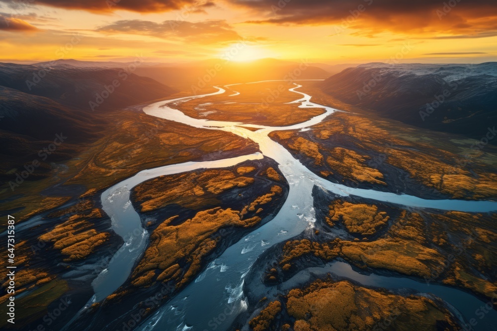 A glacial rivers from above. Aerial photograph of the river streams ...