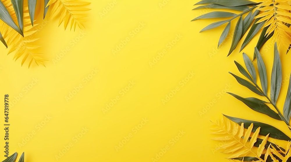 Yellow background with tropical leaves, with free space for writing or ...