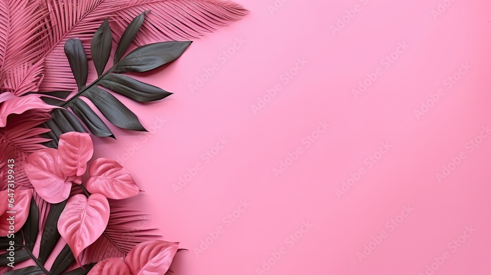 Pink tropical leaves and pink flowers on a pink background, is a ...