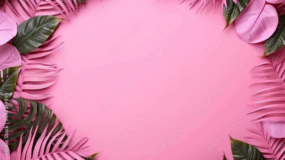 Pink tropical leaves on a pink background, for use in creating ...