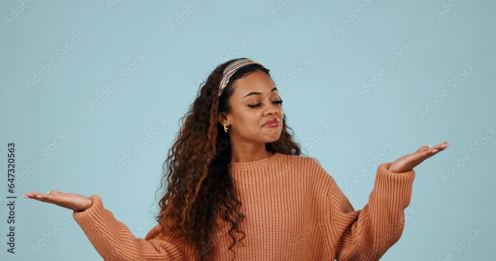 Choice, thinking and young woman in studio with questions, decision or ...