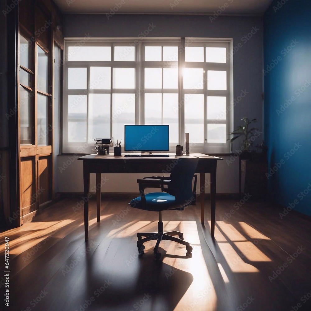 desktop computer blue screen in Luxury vintage large empty room ...