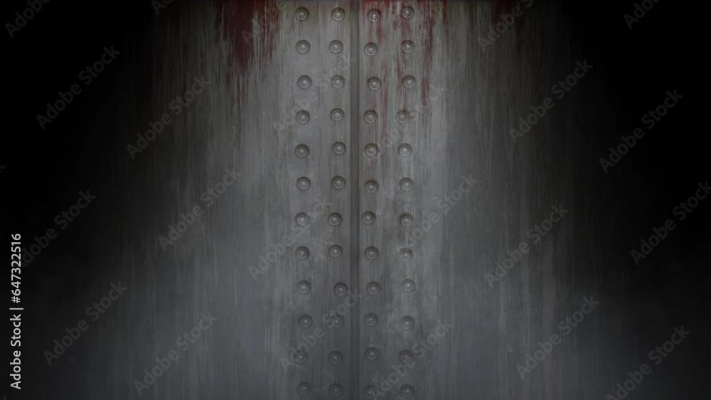 Metallic wall looms with menacing blood droplets, volumetric light and ...