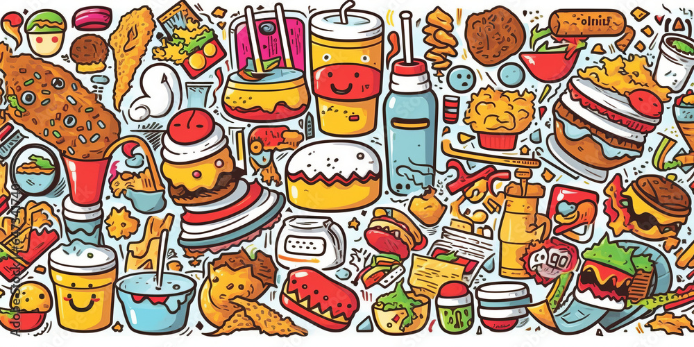 Fast food hand drawn cartoon doodles illustration. Fast food funny ...