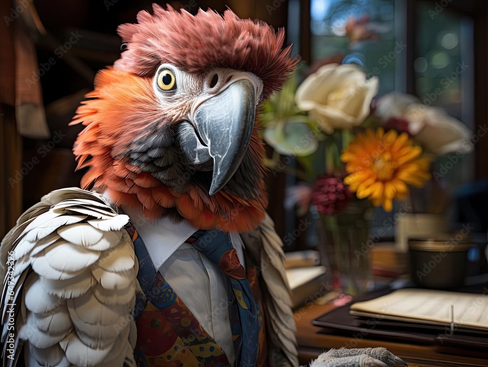 The vibrant macaw parrot sits perched on a desk, holding a pen and ...