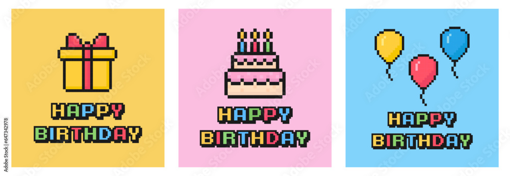 happy birthday card set, pixel art postcard, 80s 90s old arcade game ...