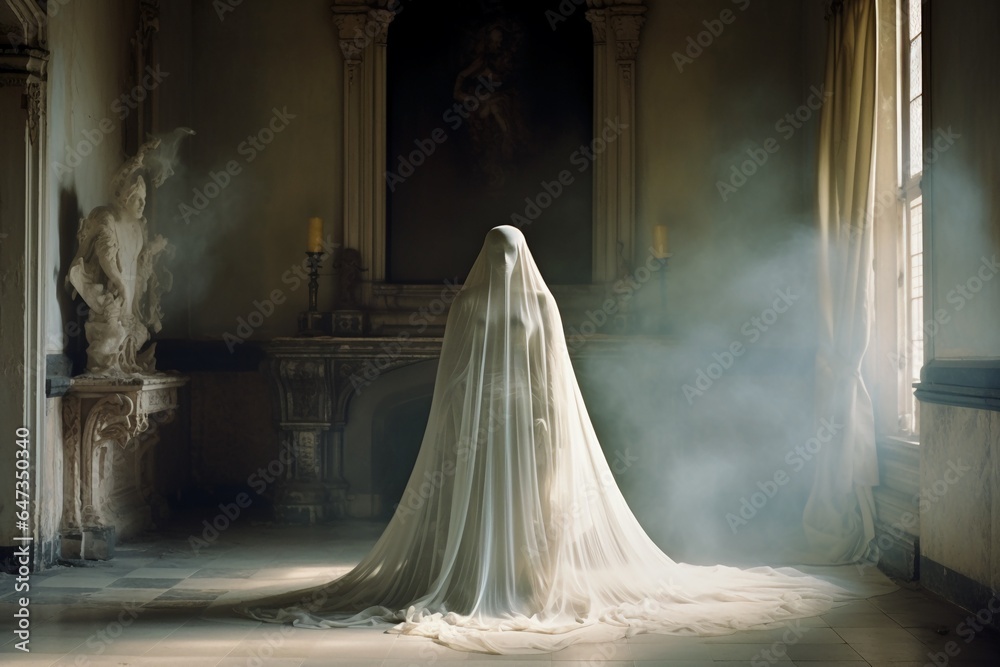 A spooky ghost standing alone on stairs of a luxury castle podium hall ...