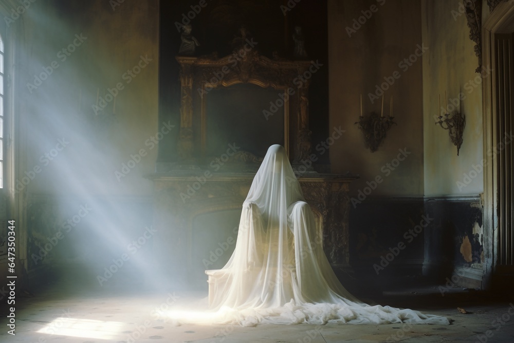A spooky ghost standing alone on stairs of a luxury castle podium hall ...