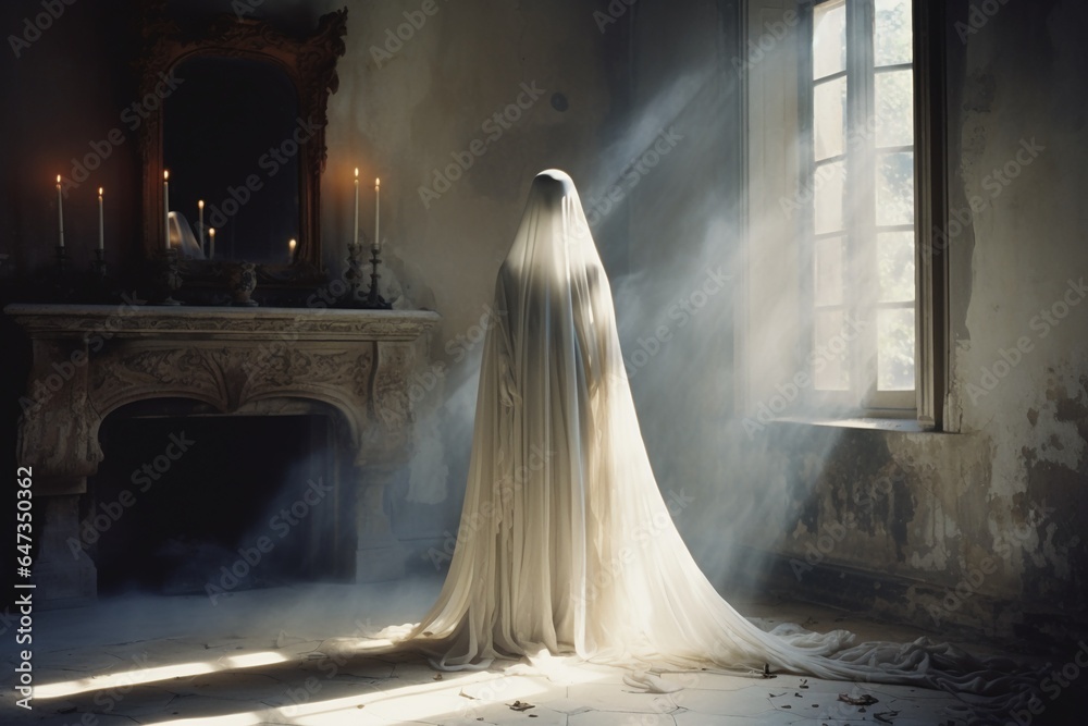 A spooky ghost standing alone on stairs of a luxury castle podium hall ...