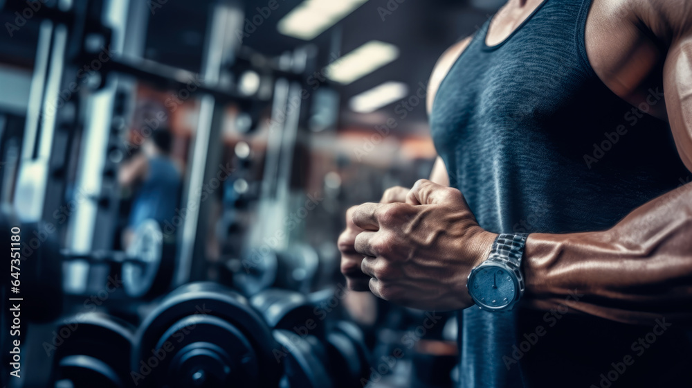 Hands of male trainer in gym club along with some dumbbells. Man with ...