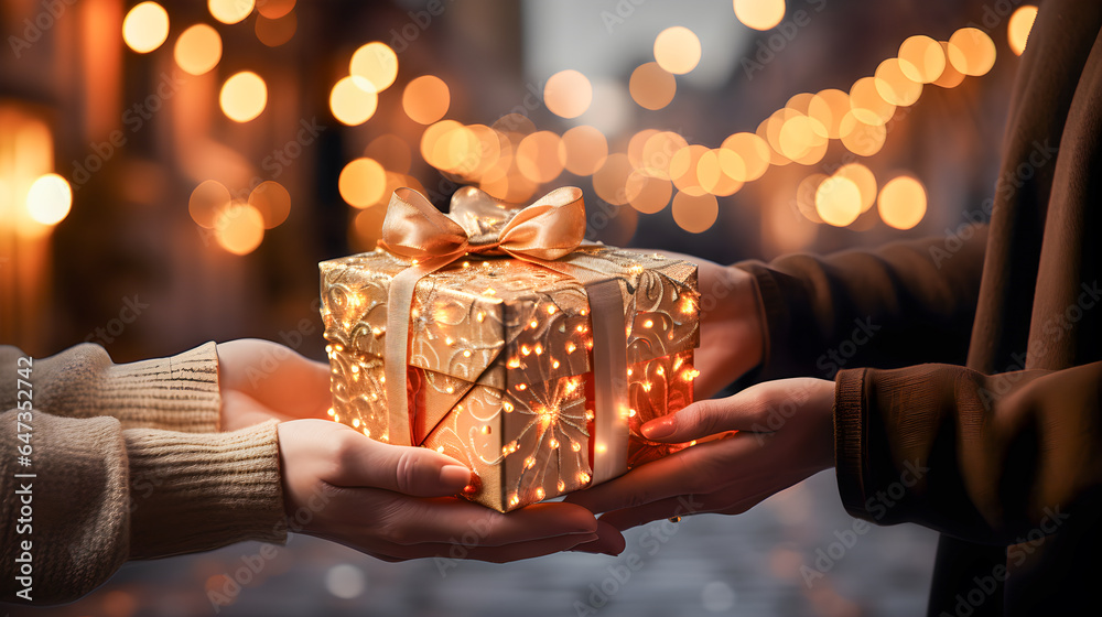 Hands of two people handing each other a nice Christmas gift. Concept ...