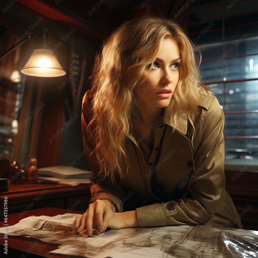 The girl detective is watching. Beautiful woman in a hat and coat looks ...