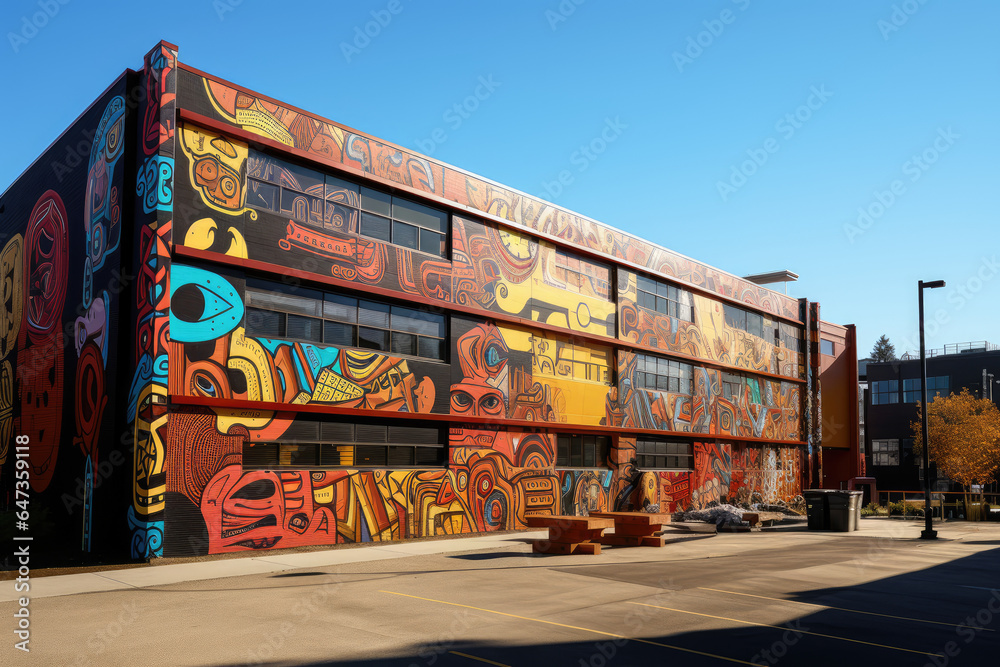 An indigenous mural featuring language scripts as a public art piece ...