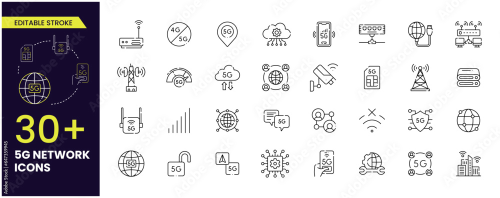 5G vector icon set Editable stroke. It contains 5g network, signals ...