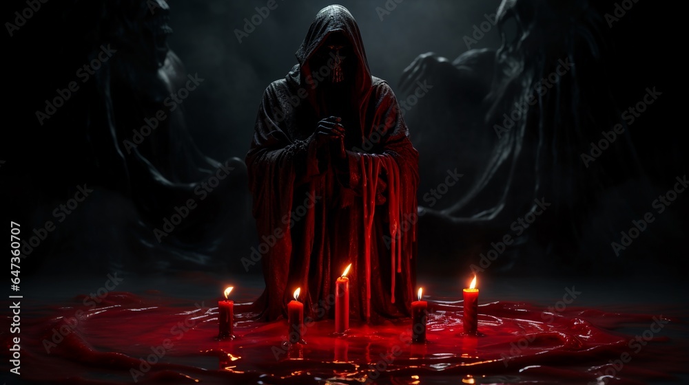 Scary grim reaper standing behind a melting and burning candle doing ...
