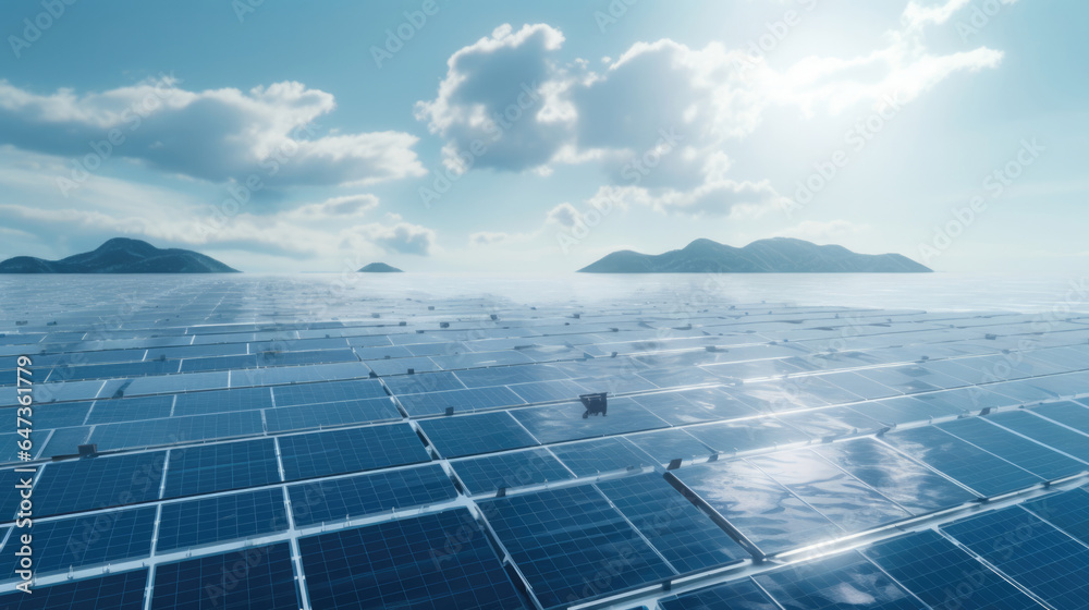 A futuristic concept of a floating solar farm on the ocean, harnessing ...