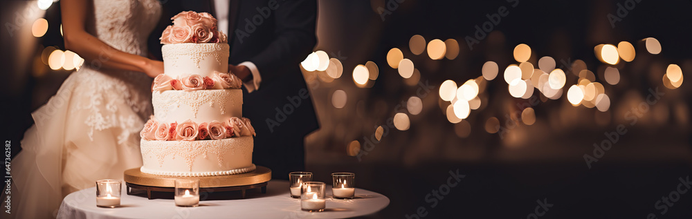 Newlywed couple and their ornate wedding cake. Concept of marriage ...