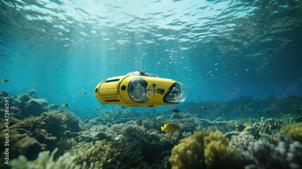 An underwater drone capturing footage of marine life and underwater ...