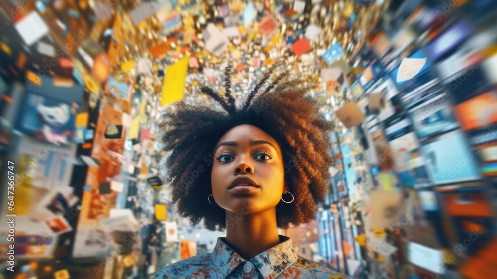 Overwhelming information data explode out of head of young human brain ...