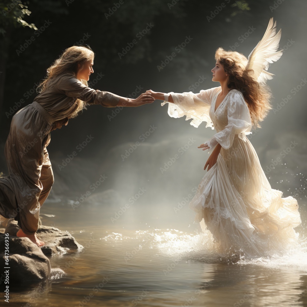 Religious scene, guardian angel helps a man by stretching out his hands ...