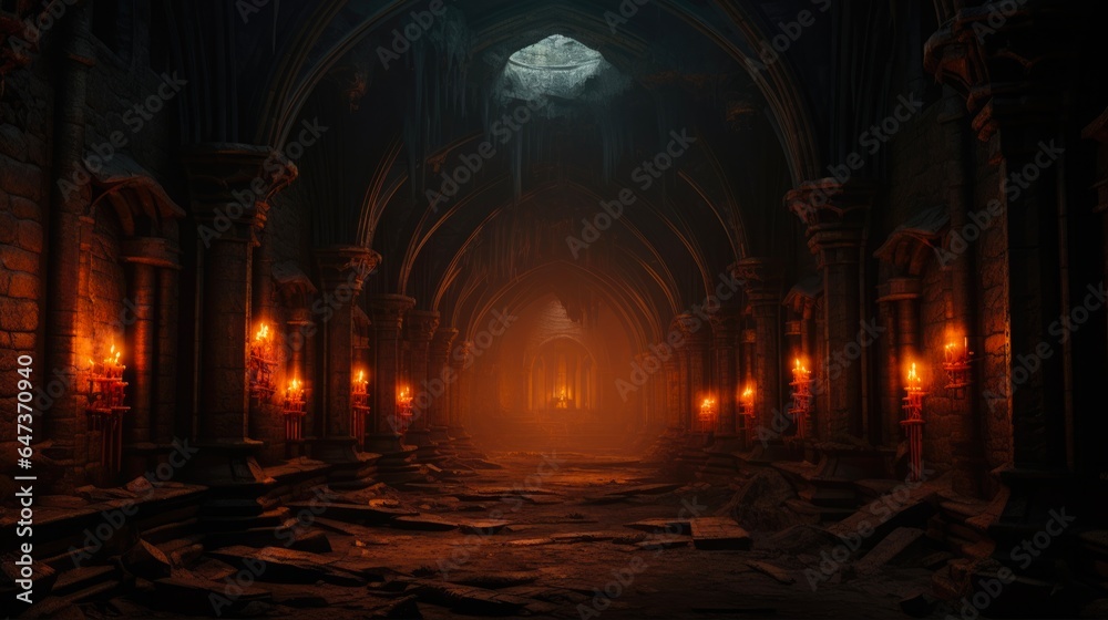 Mystical Nightmare in Abandoned Catacombs with Torches. Creepy ...