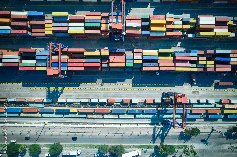 Stacked cargo containers top down aerial view. Containers at logistics ...