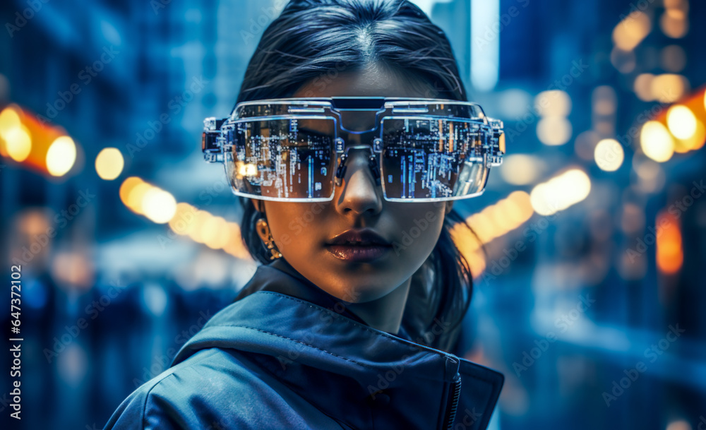 Smart glasses and augmented reality concept. Woman wearing modern ...