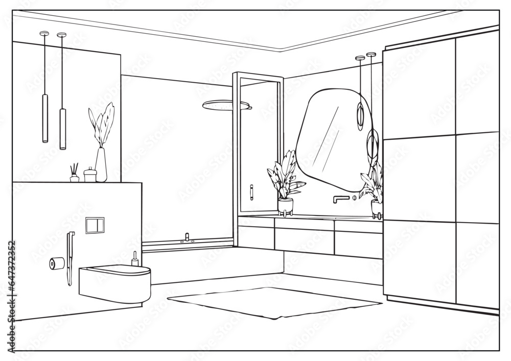Bathroom interior design sketch vector outline drawing modern washroom ...