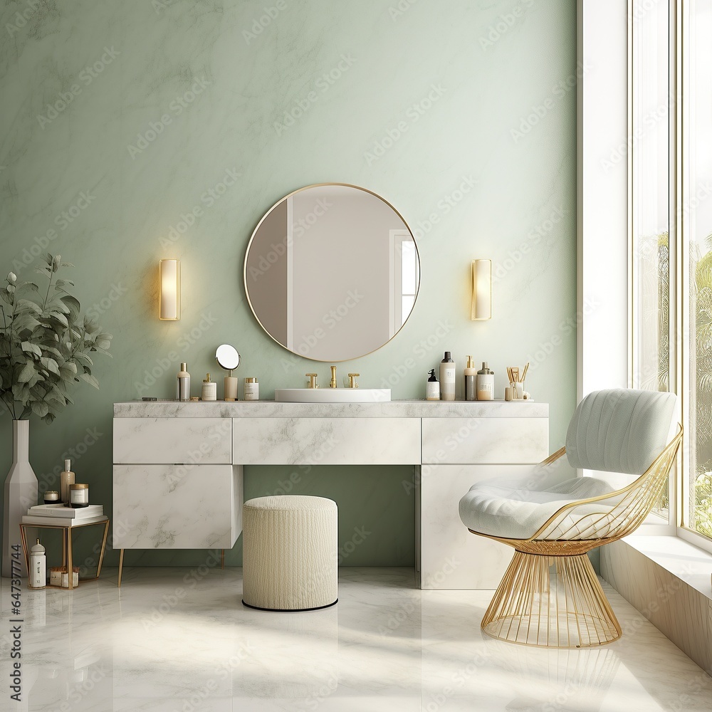 An eclectic interior design featuring a mirror, a chair, a vase ...