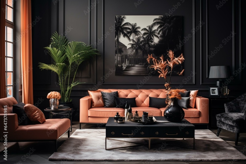 Elegant and stylish living room featuring black and salmon color scheme ...