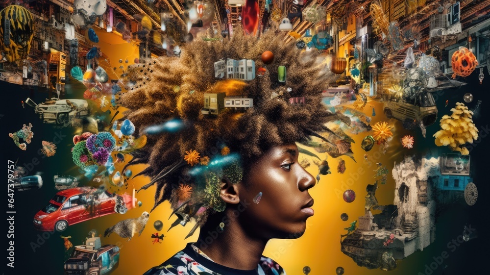 Overwhelming information data explode out of head of young human brain ...