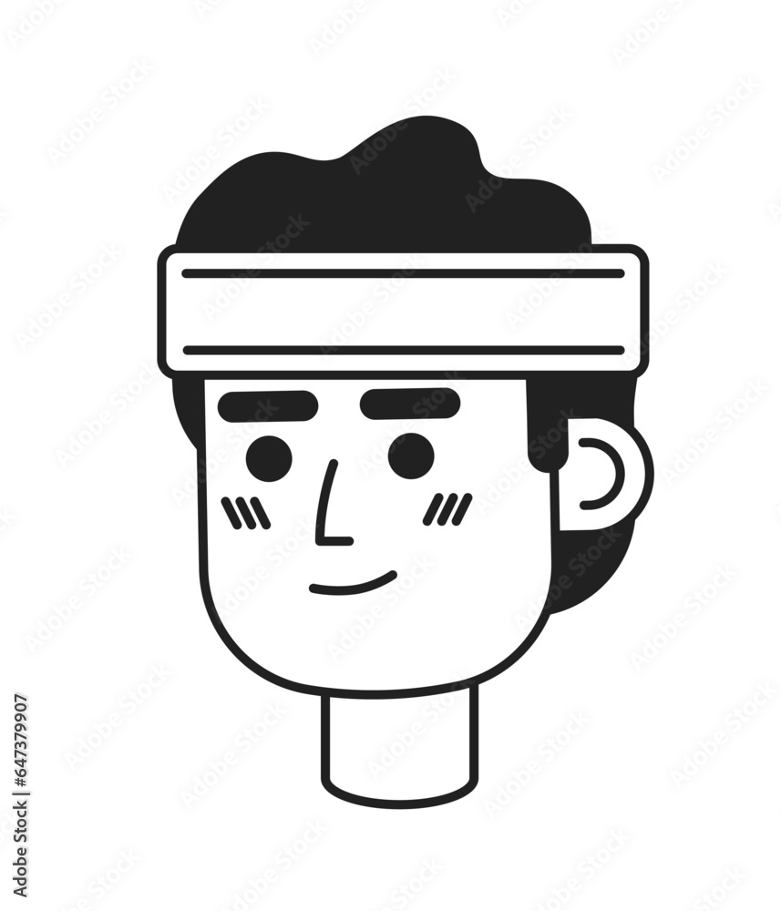Hispanic man in headband monochrome flat linear character head. Excited ...