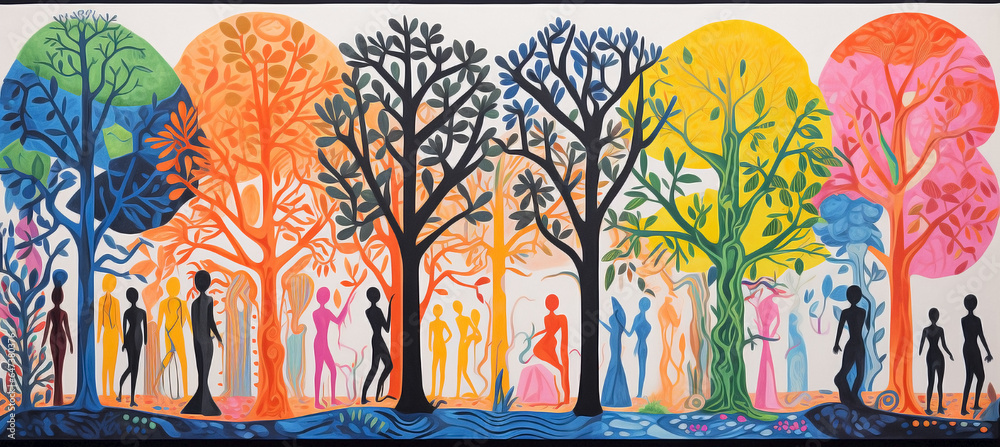 Colorful and diverse group of trees with different and unrecognizable ...