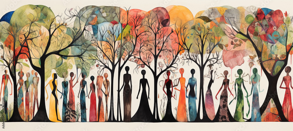 Colorful and diverse group of trees with different and unrecognizable ...