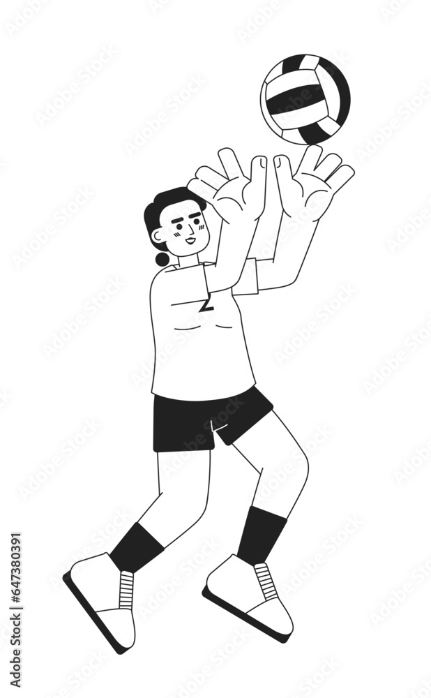 Strong asian girl tossing ball monochromatic flat vector character ...