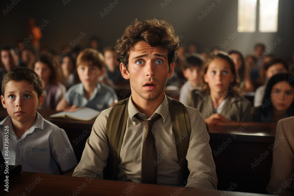 A close-up of a student's face as they raise their eyebrows in surprise ...