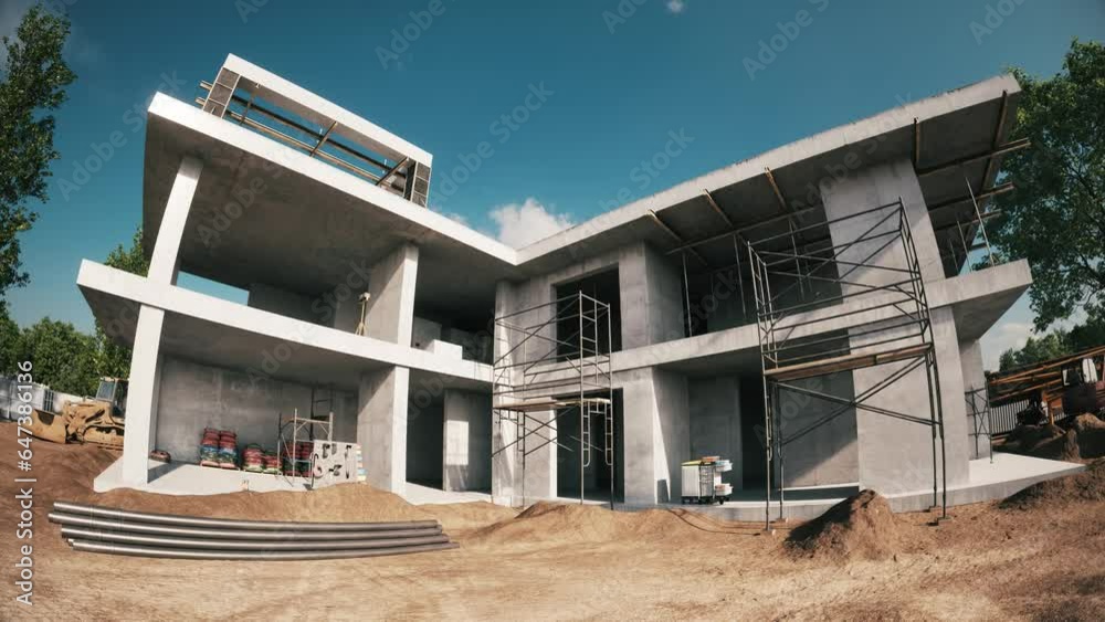 The process of construction a private house. Construction of a modern ...