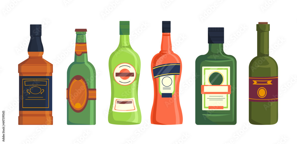 Set of alcohol bottles. Tasty liquid and beverage. Brandy, whiskey and ...