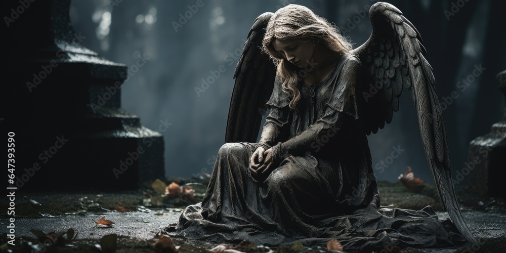 stone statue of a sad angel, Theme of loss and bereavement of a child ...