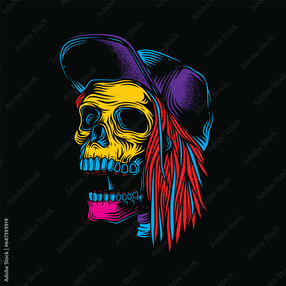 Original vector illustration in neon style. Skull rocker in a baseball ...