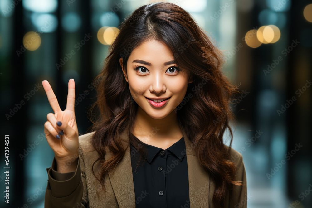 Empowering Asian woman celebrating victory with peace sign, embodying ...