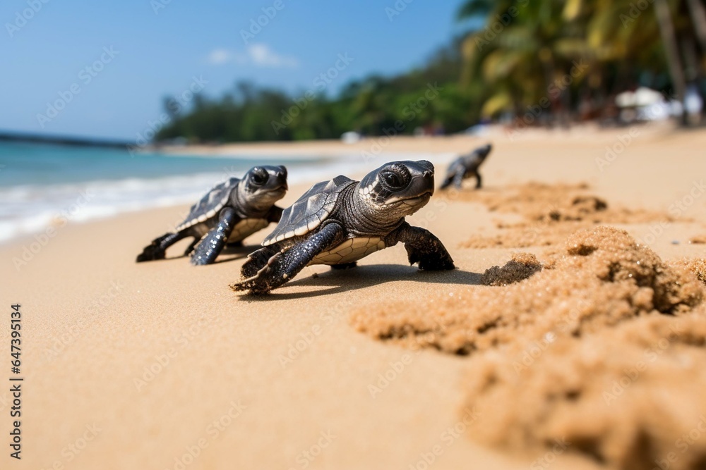 Hawksbill sea turtle hatchlings moving towards the ocean on the sandy ...