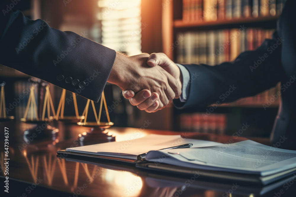 A handshake between an attorney and a client in a professional law firm ...