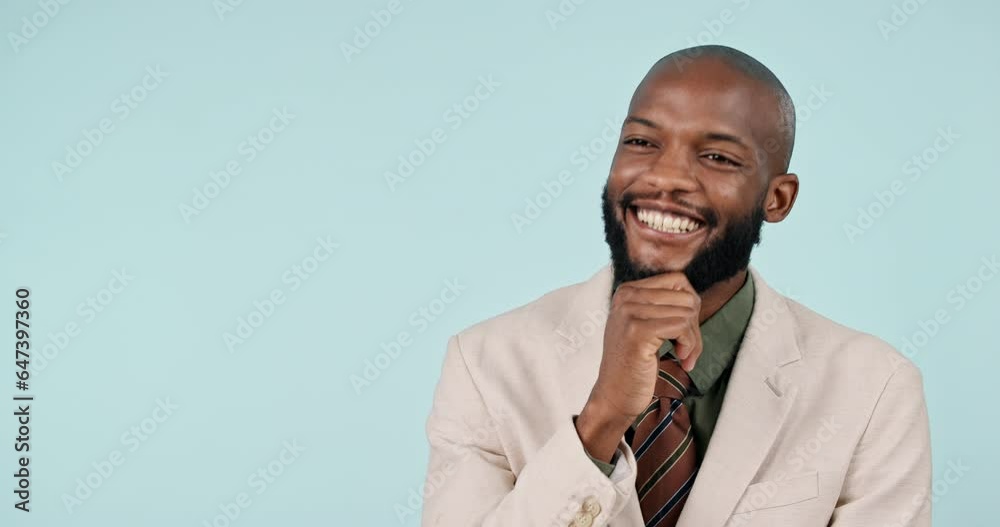 Vidéo Stock Thinking, idea and happy black man in studio with questions ...