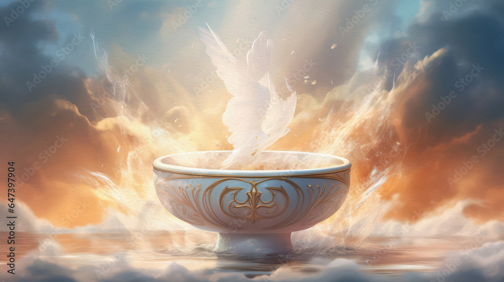 Baptismal font and Holy Spirit, baptism concept, generative ai Stock ...